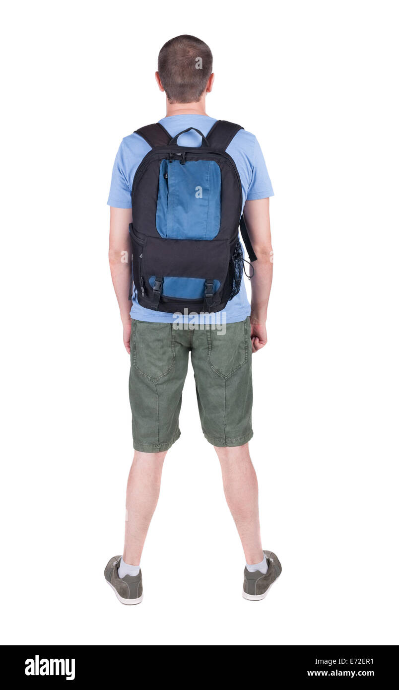 Back view of man with backpack looking up. Rear view people collection ...