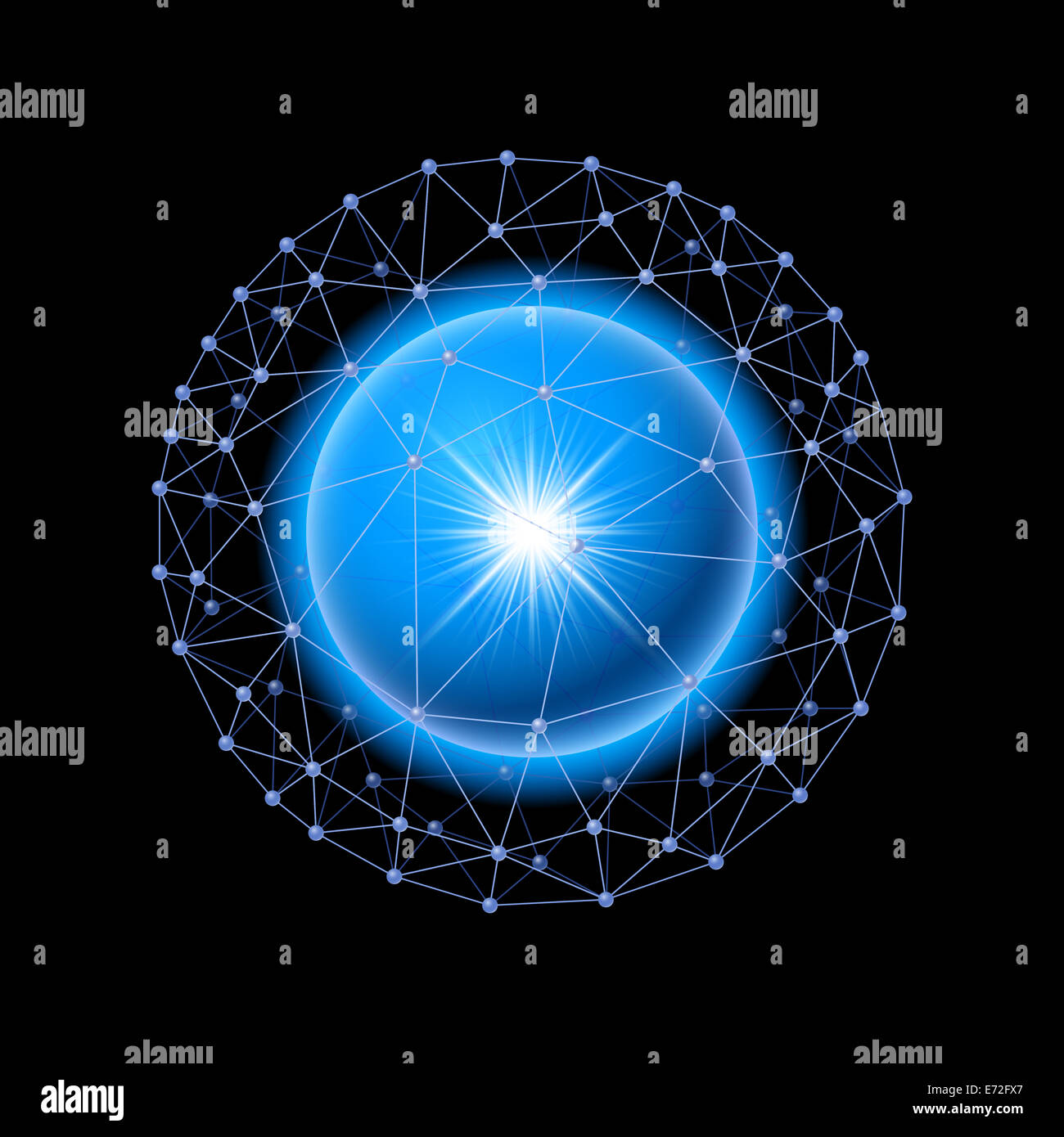 Bright blue ball inside the internet grid on a black background Stock ...