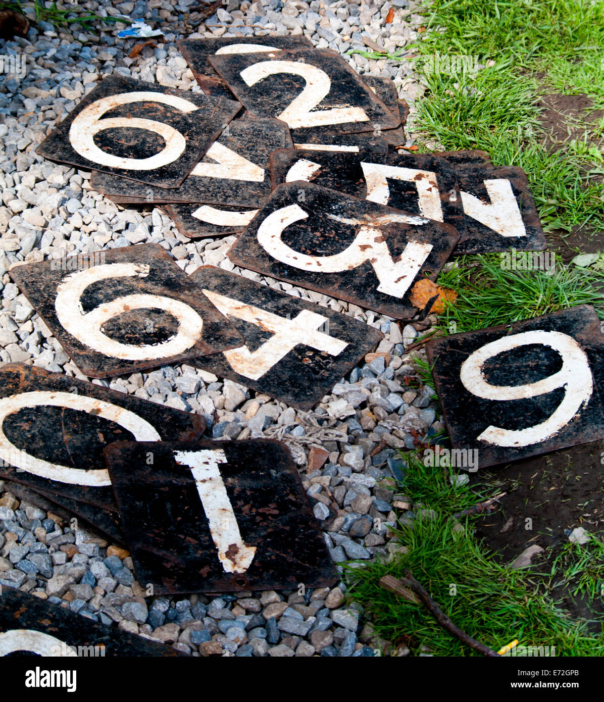 "Hang On" number plates used for cricket scoreboard lying on a gravel ...