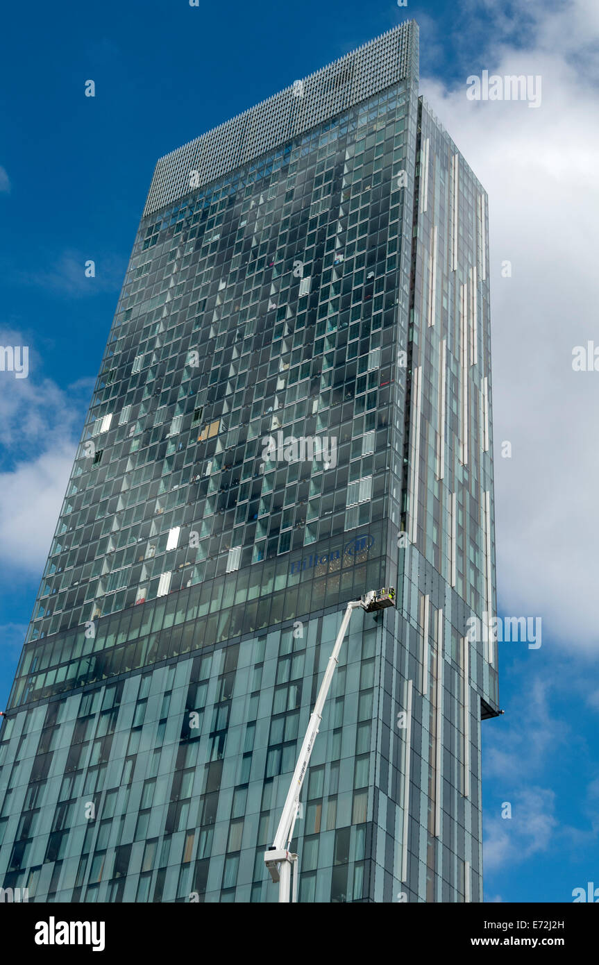 Maintenance workers in an access platform cradle at the Beetham Tower ...