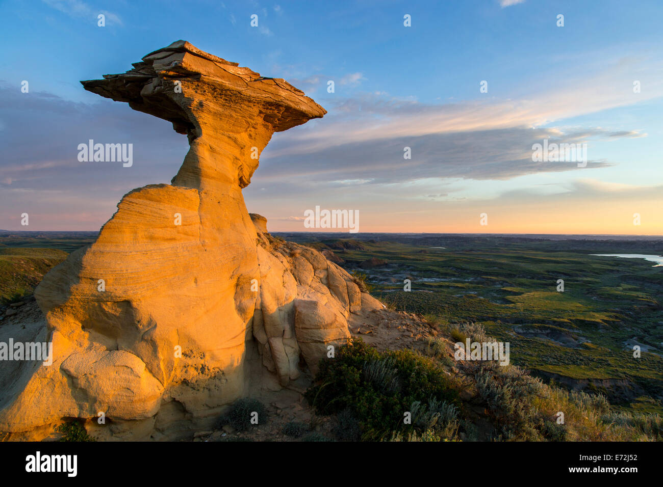 Caprock sandstone badlands formation near Hell Creek State Park in ...