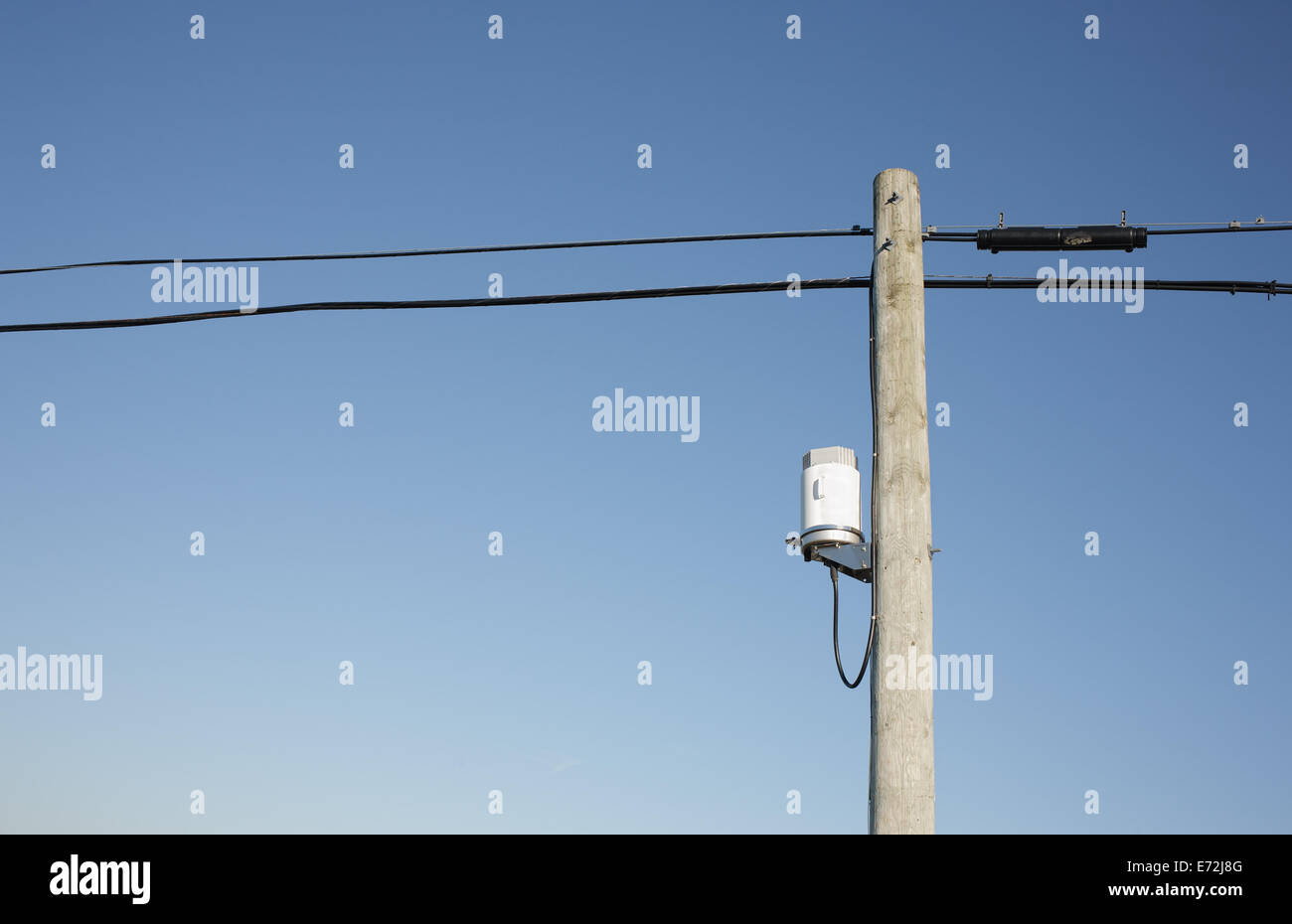 Wooden power line pole and clear blue sky Stock Photo - Alamy