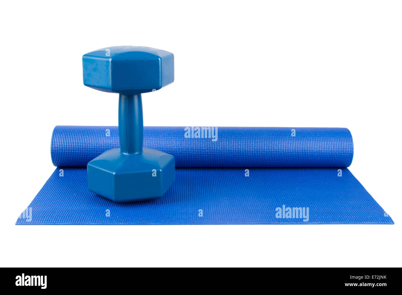 Front view of blue yoga or pilates mat for exercise and light weight ...