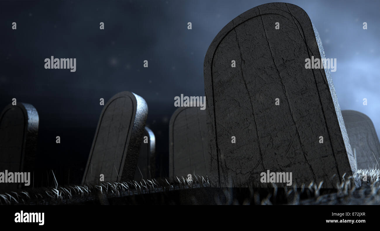 Tombstones in a graveyard at night lit by an ethereal eerie light Stock ...