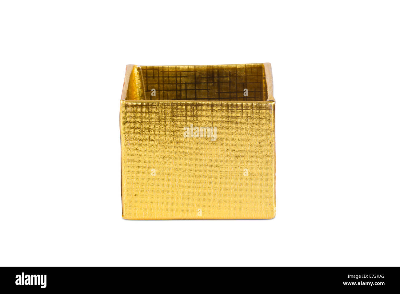 Open, golder colored, empty gift box, isolated on white background ...