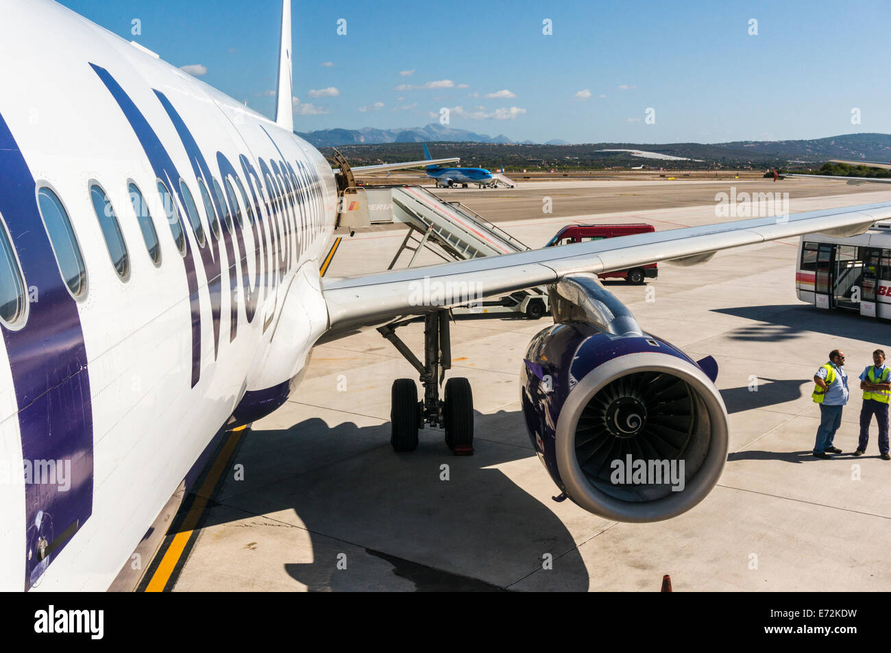 Looking along the side of a Monarch airbus A321 aeroplane from the top ...