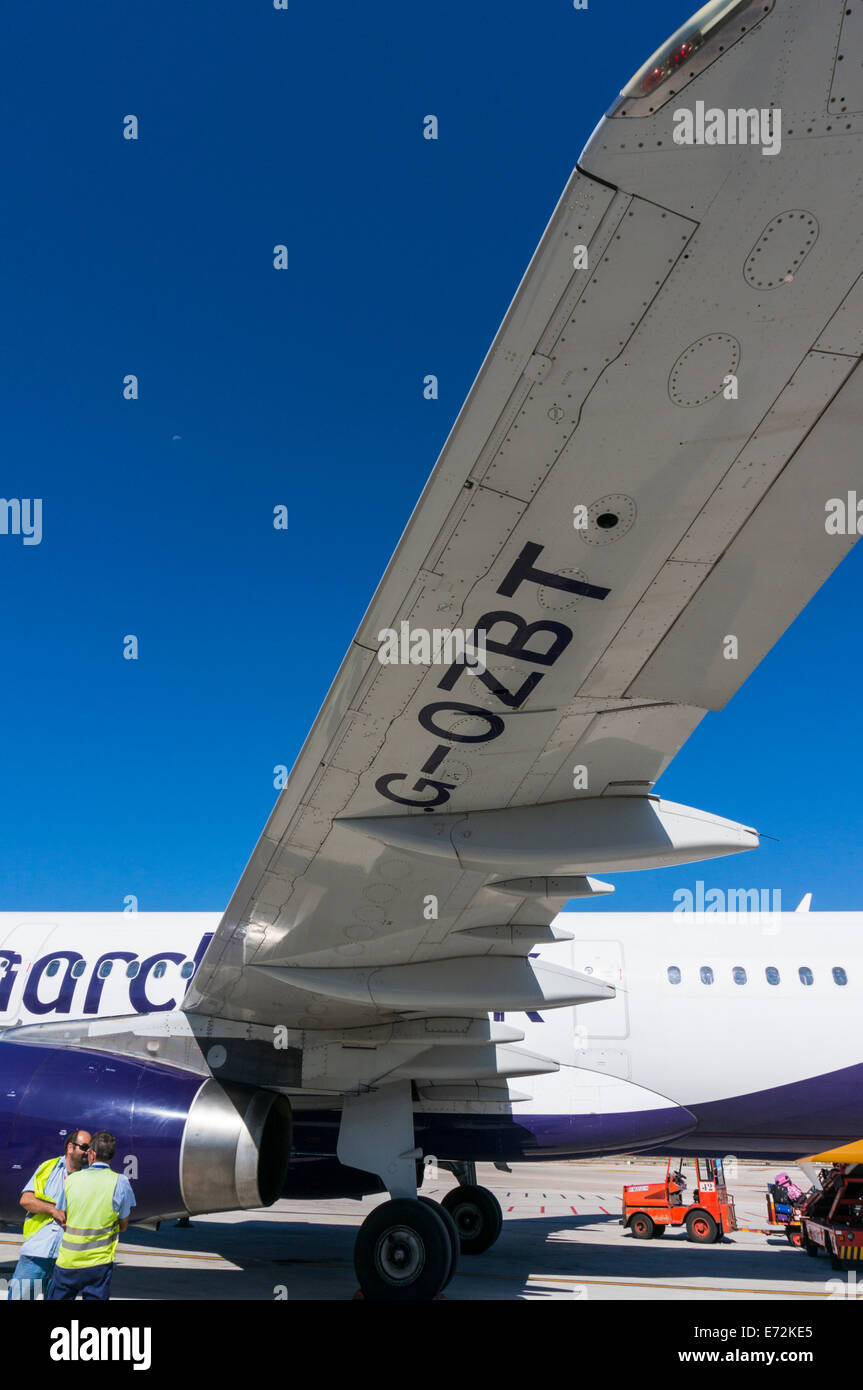 View of the underside of a Monarch Airbus A321 aeroplanes wing Stock ...