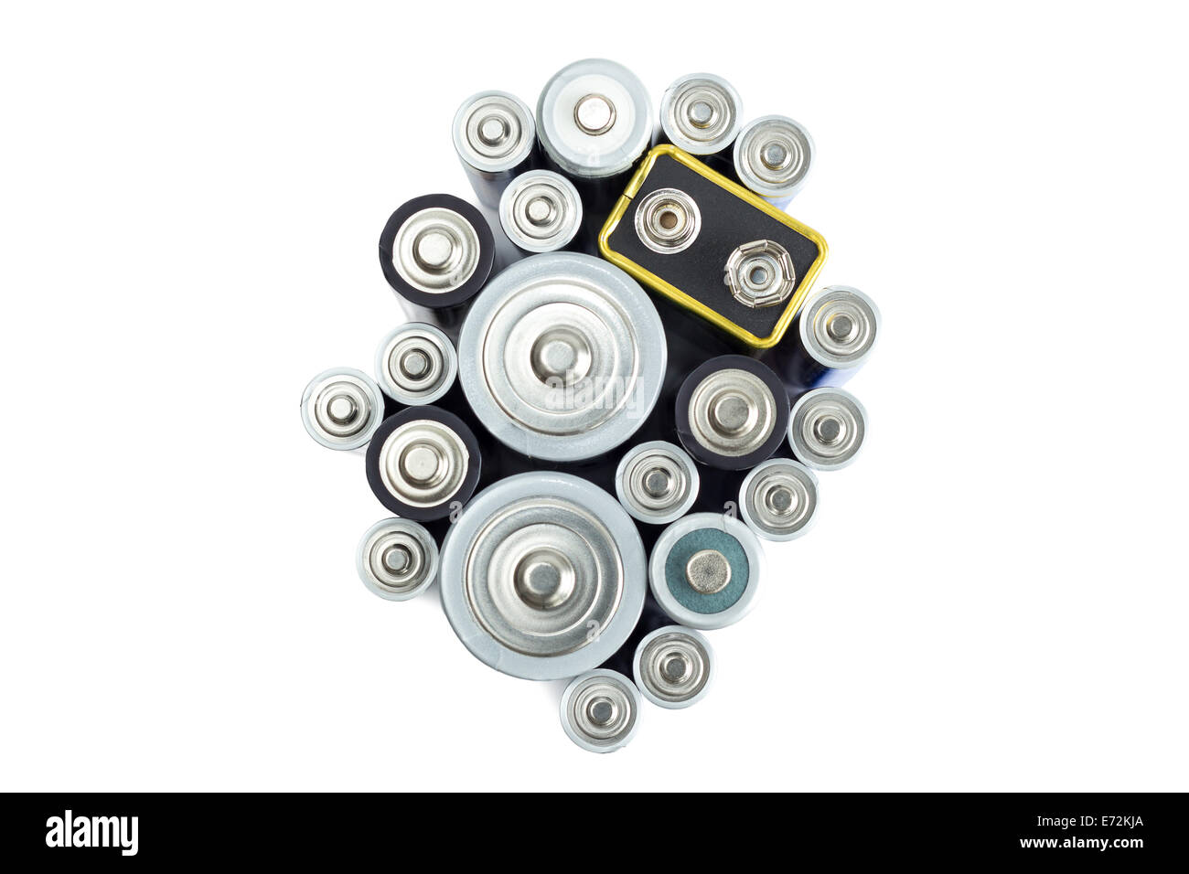 Variety of batteries viewed from above, isolated on white background ...