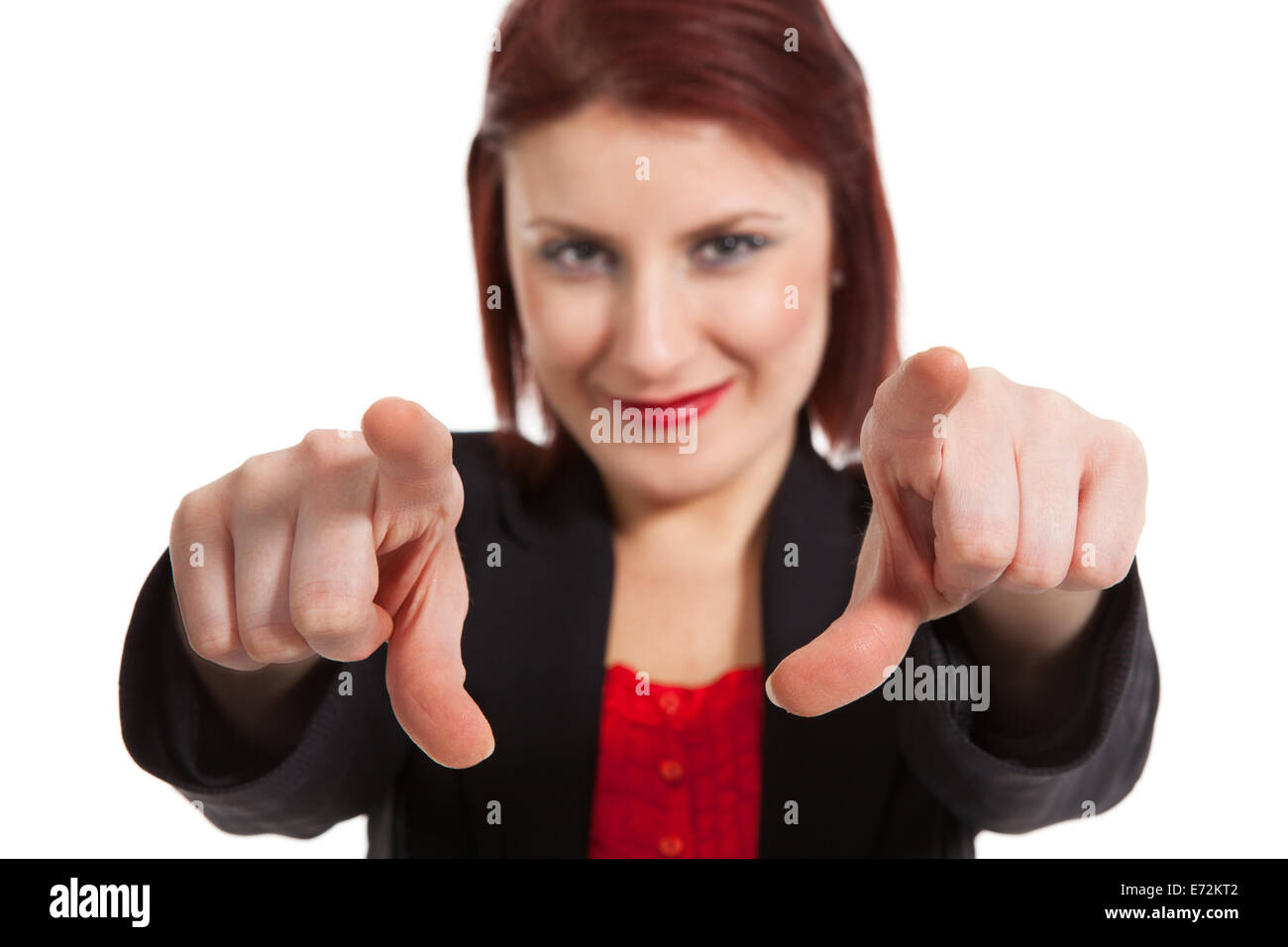 Woman pointing at viewer on the white backgound. Isolated on white ...