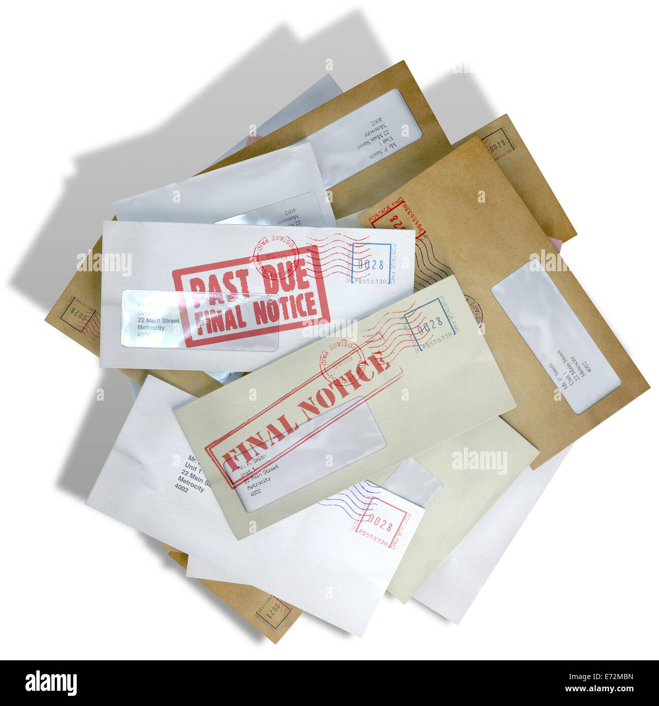 A scattered stack of regular envelopes with delivery stamps and a clear ...