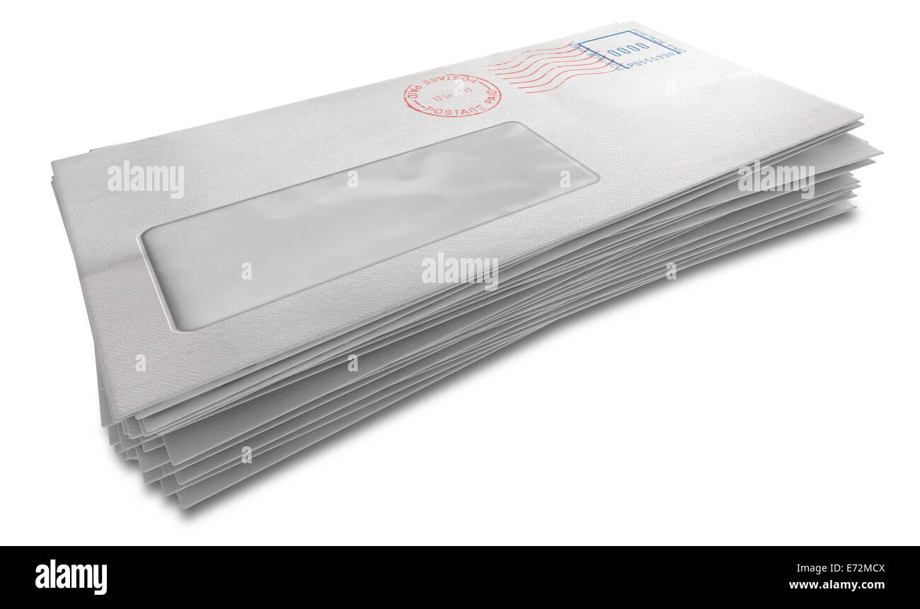 A stack of regular white envelopes with delivery stamps and a clear ...