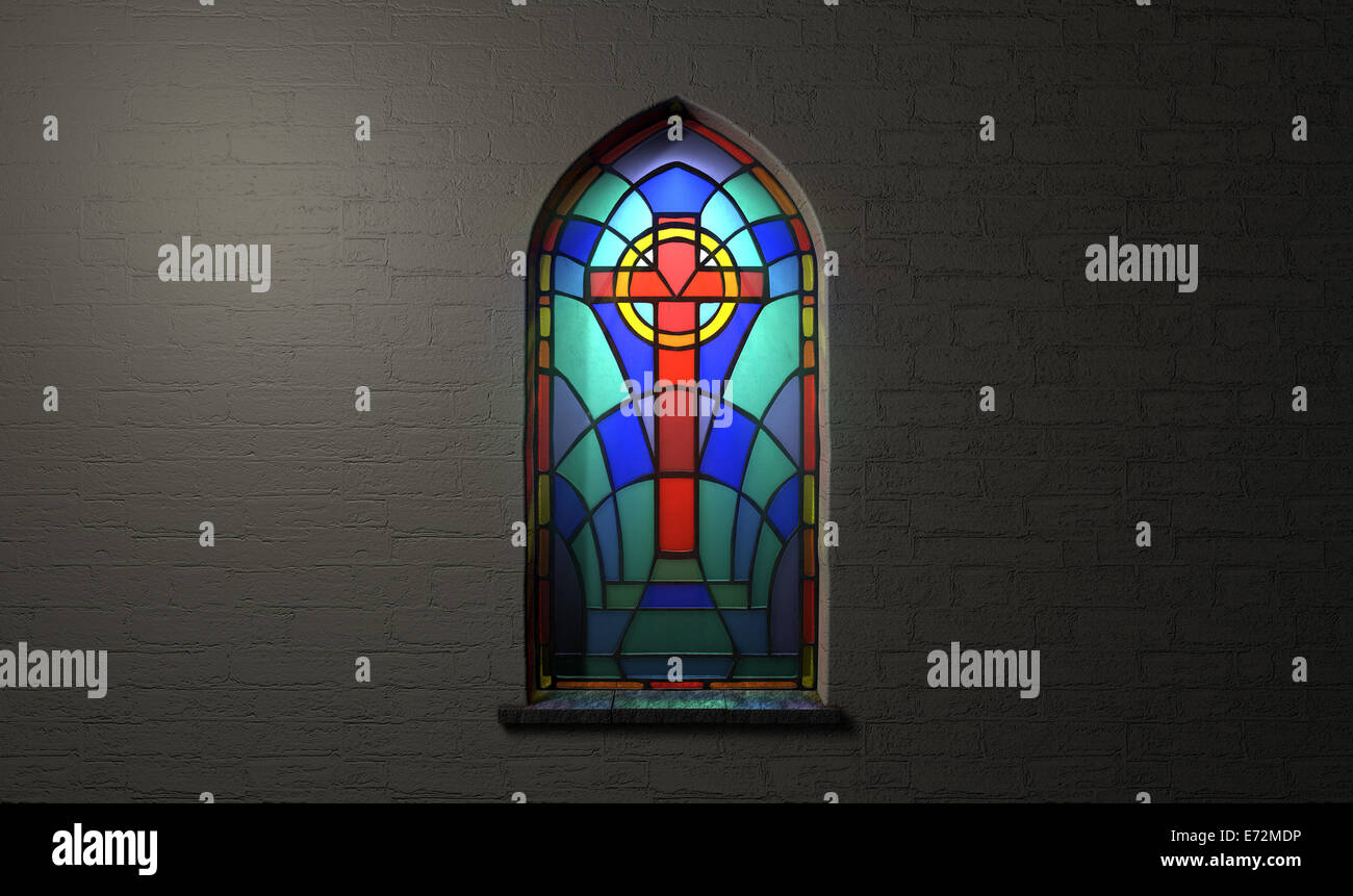 A colorful patterned stain glass window with the shape of a crucifix ...