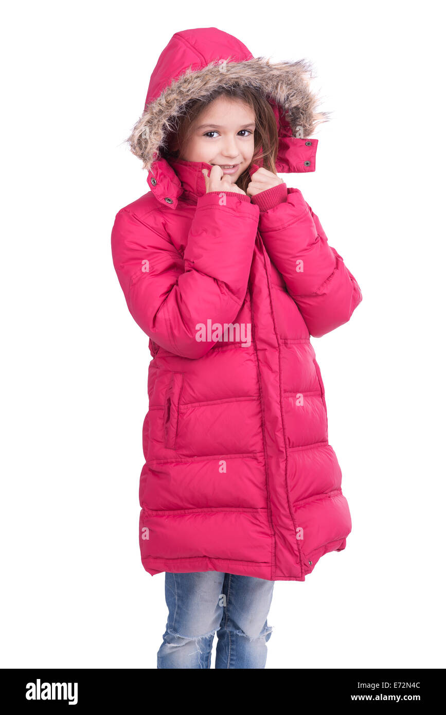 Child posing in colorful winter coat isolated in white Stock Photo - Alamy