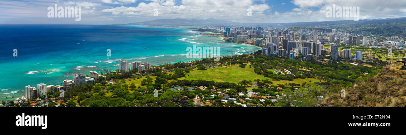 Panoramic View of Honolulu and Waikiki Beach as seen from the top rim ...
