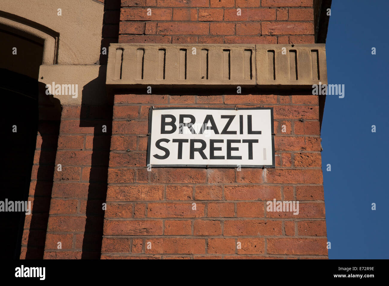 Brazil Street Sign, Manchester, England, UK on Brick Wall Background ...