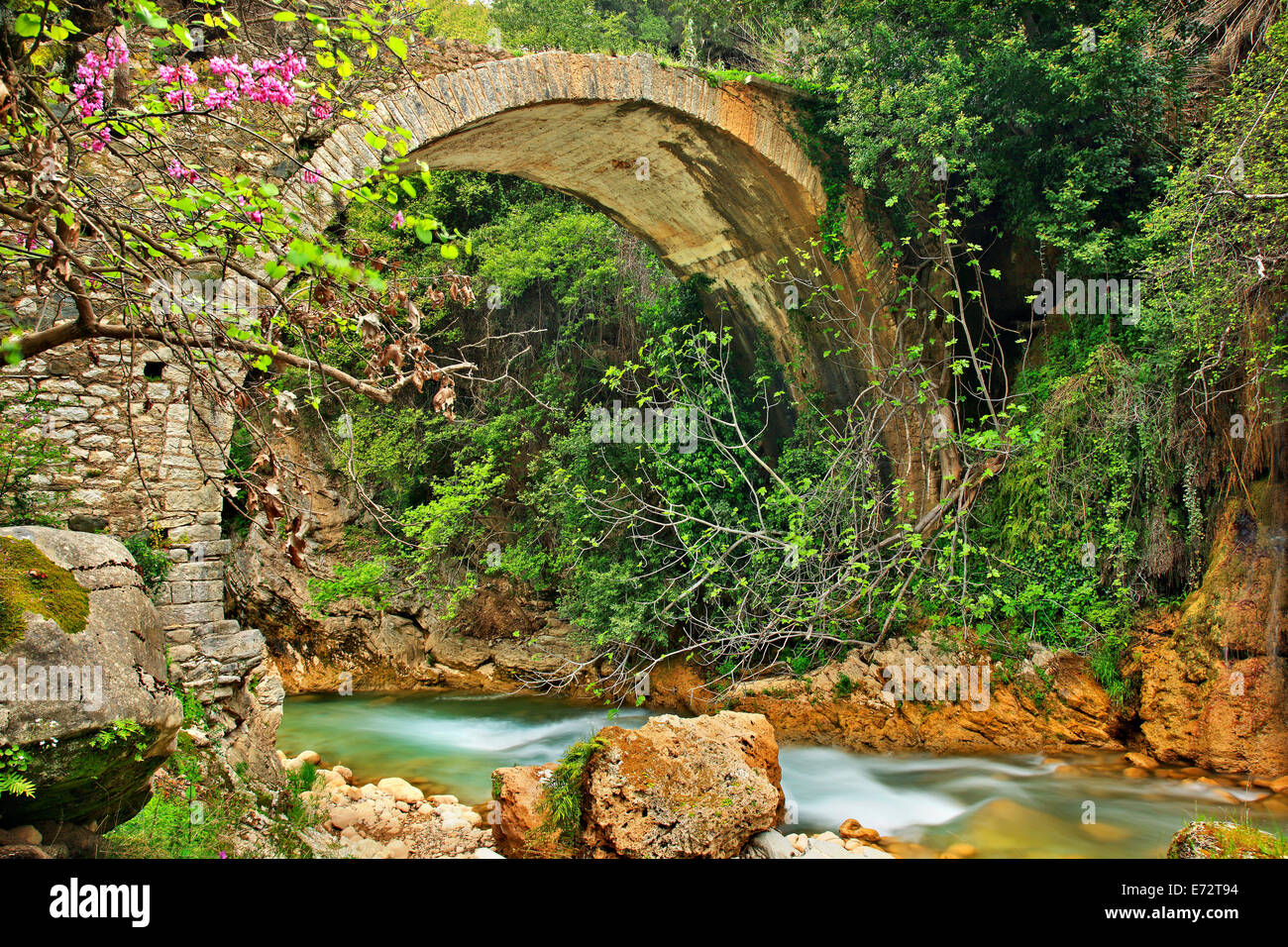 Old stone arched bridge over Neda river, in Neda canyon, at the ...