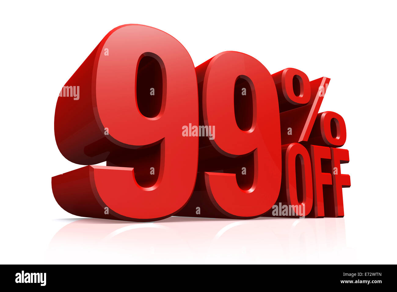 3D render red text 99 percent off on white background with reflection ...