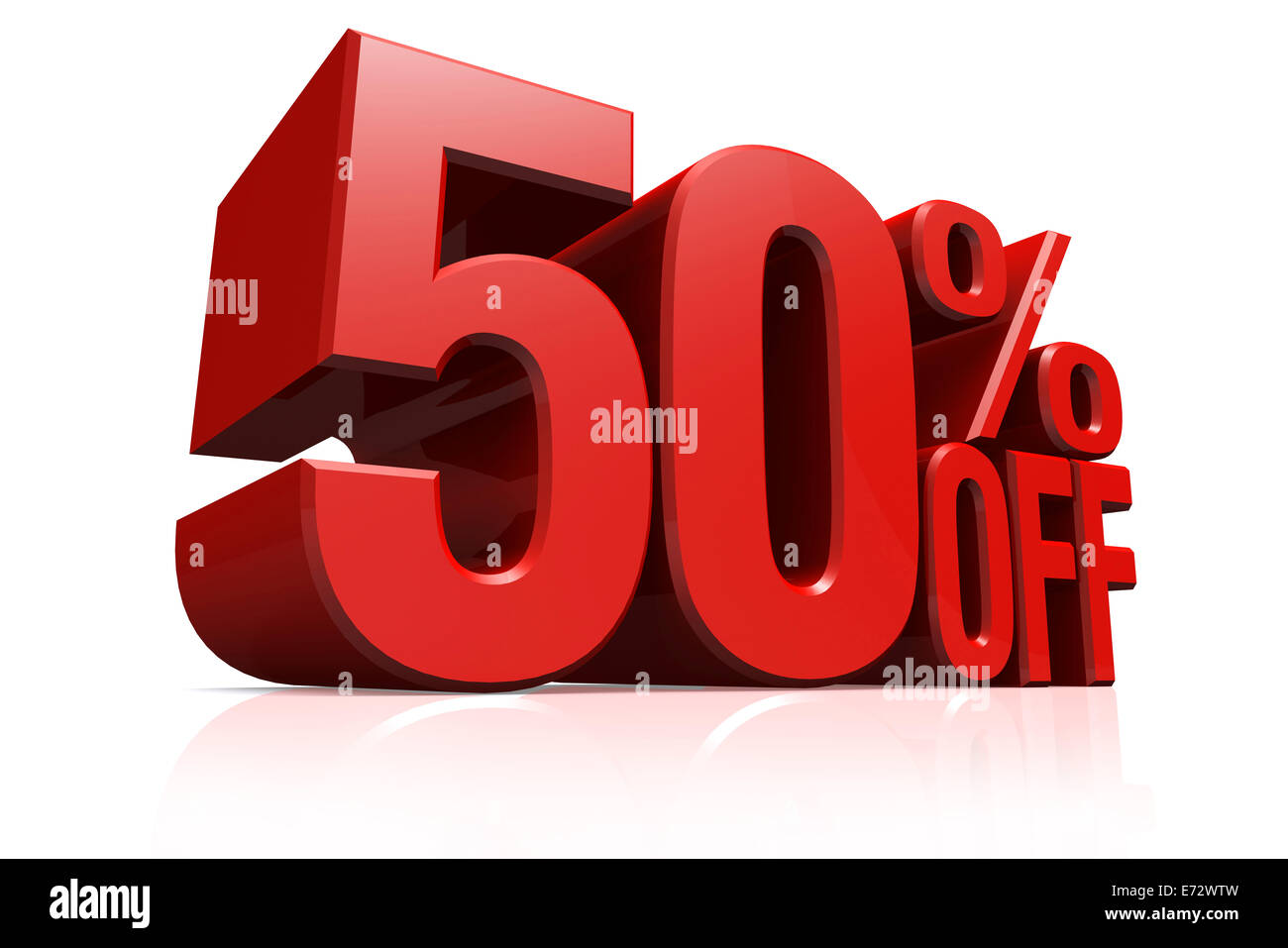 3D render red text 50 percent off on white background with reflection ...