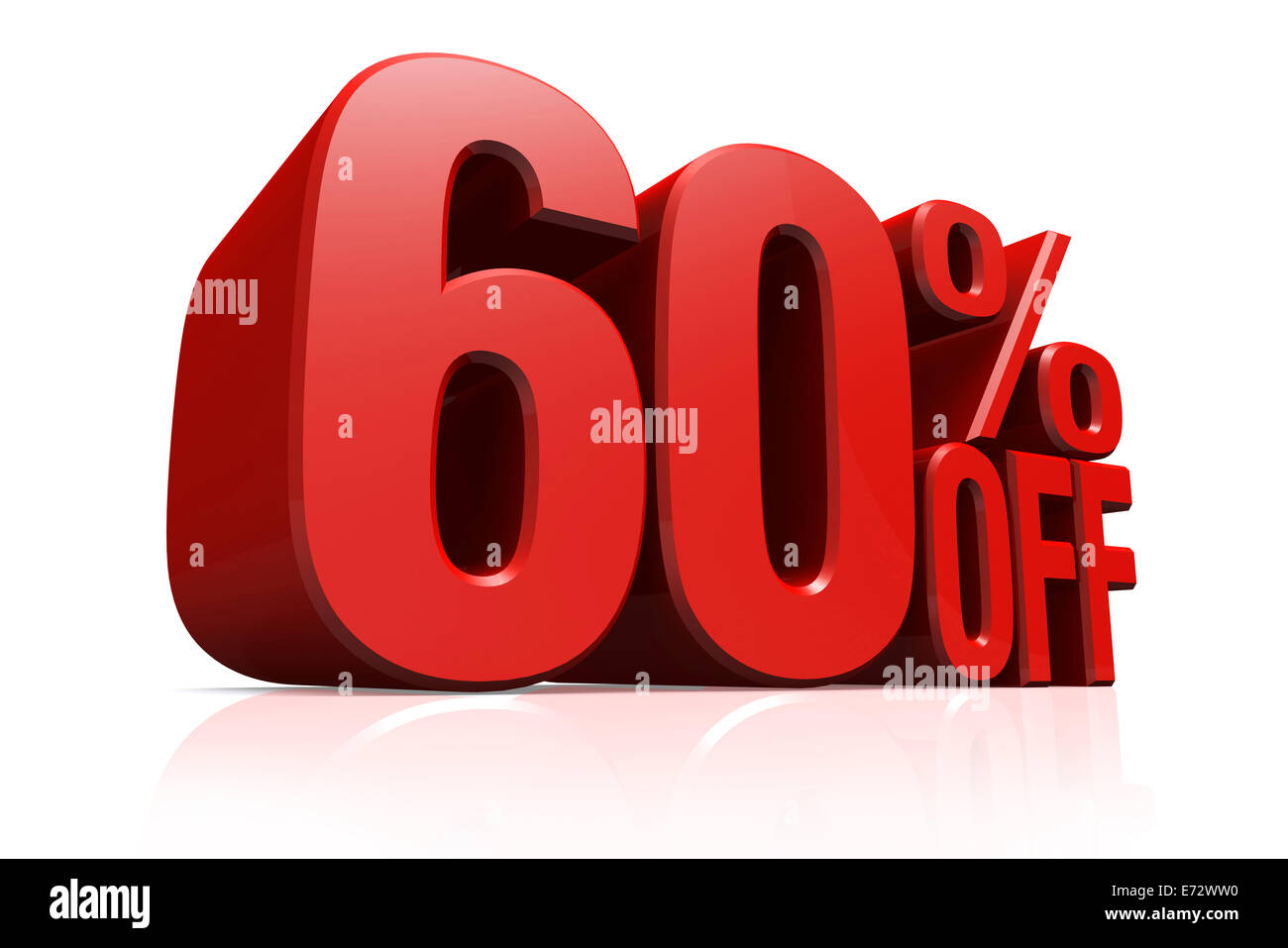 3D render red text 60 percent off on white background with reflection ...