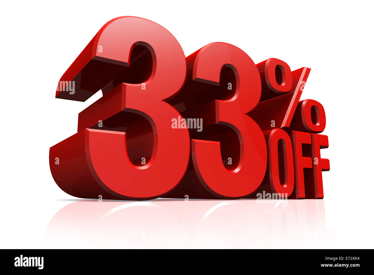3D render red text 33 percent off on white background with reflection ...
