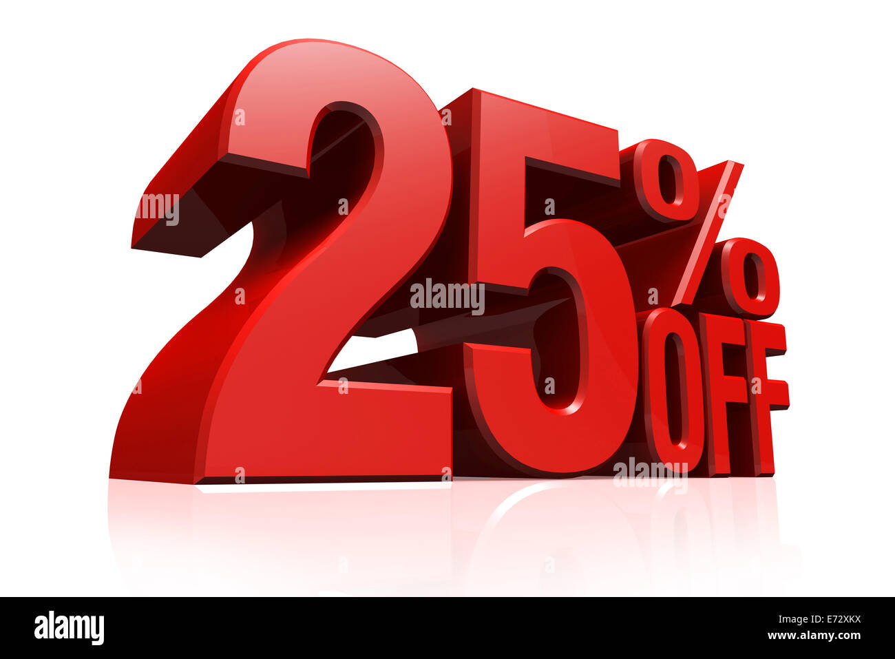 3D render red text 25 percent off on white background with reflection ...