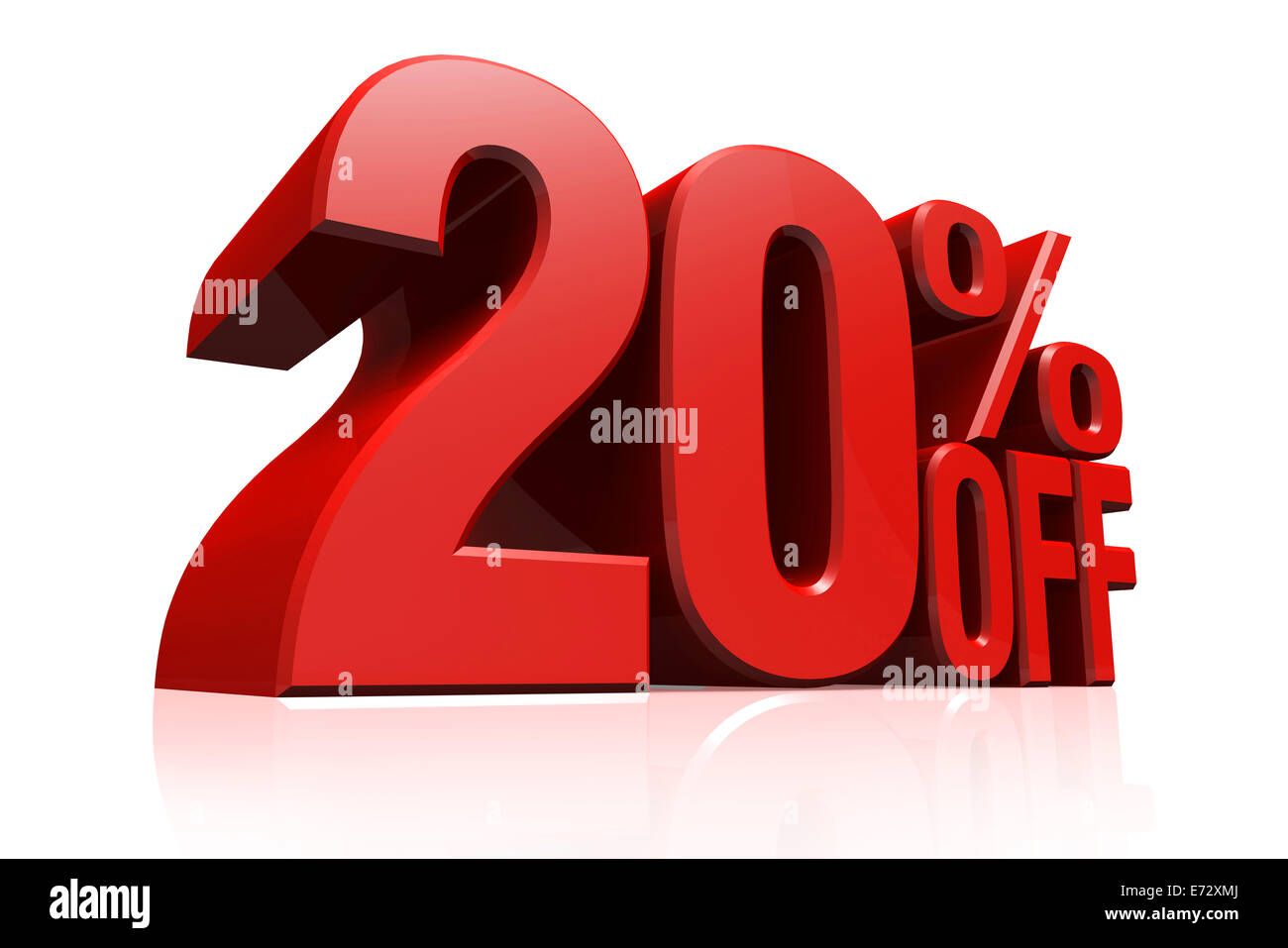 3D render red text 20 percent off on white background with reflection ...