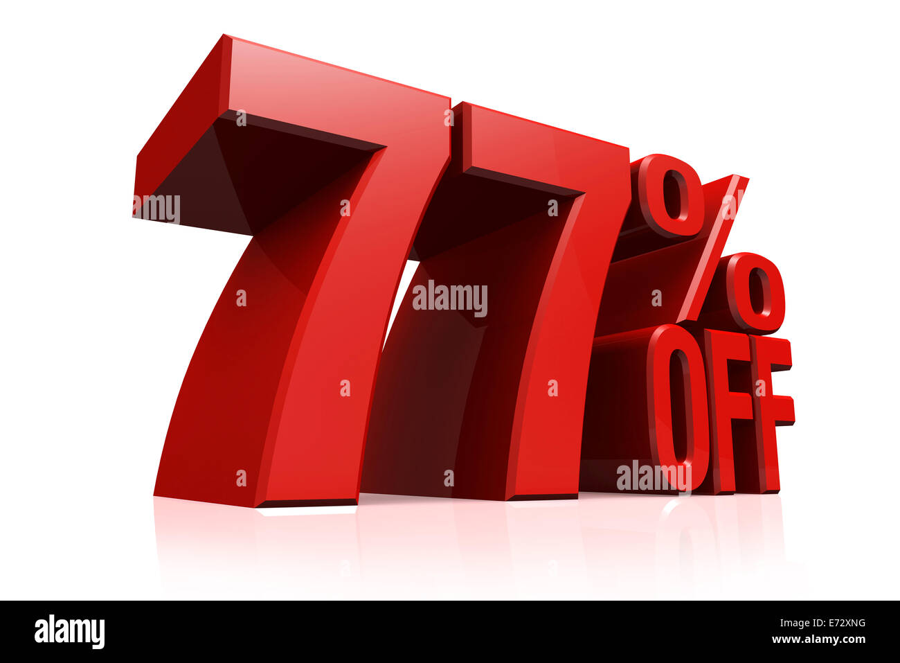 3D render red text 77 percent off on white background with reflection ...