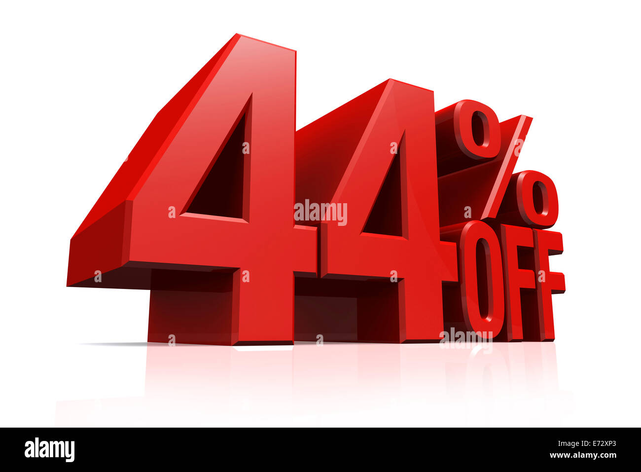 3D render red text 44 percent off on white background with reflection ...