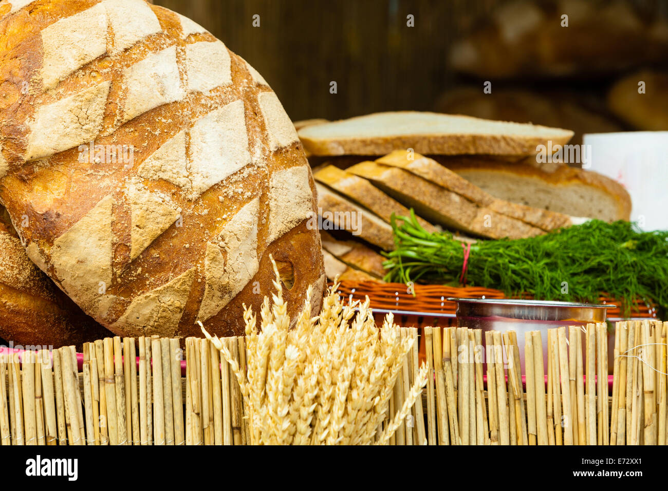 Many brown rustic fresh rye bread loaves Stock Photo - Alamy