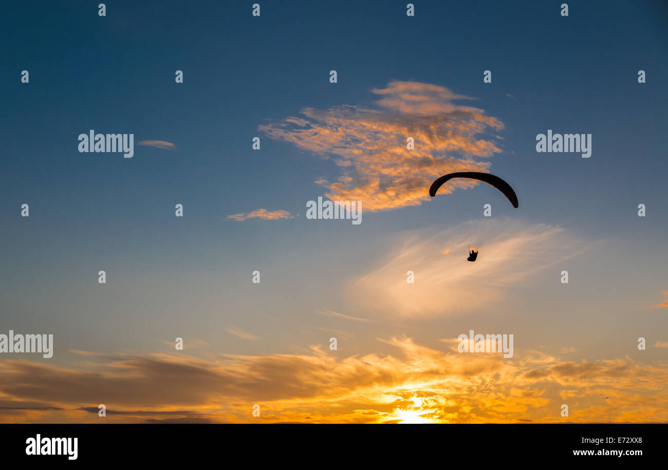 A silhouetted Para glider soars into the sunset over the pacific ocean ...