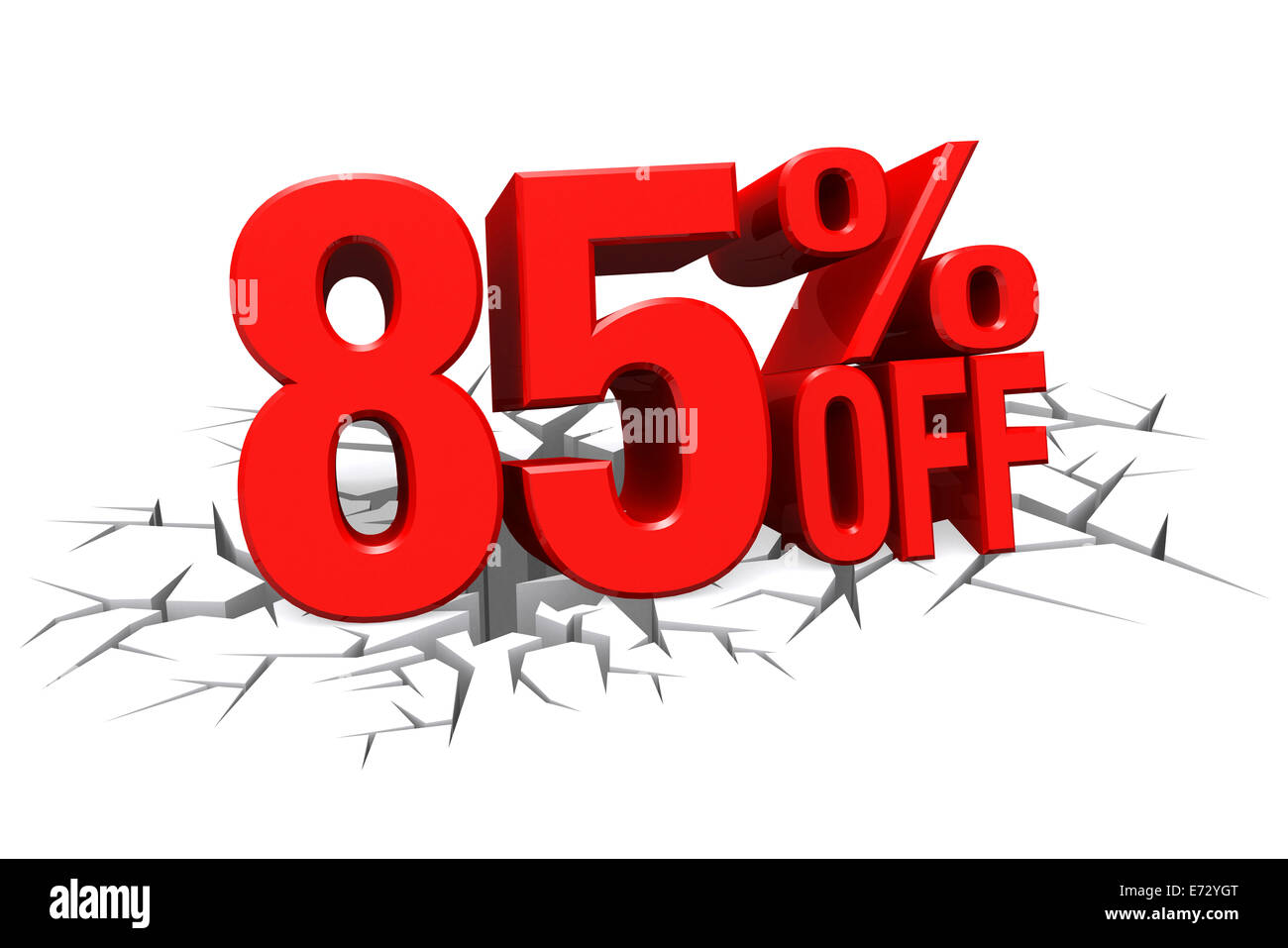 3D render red text 85 percent off on white crack hole background with ...