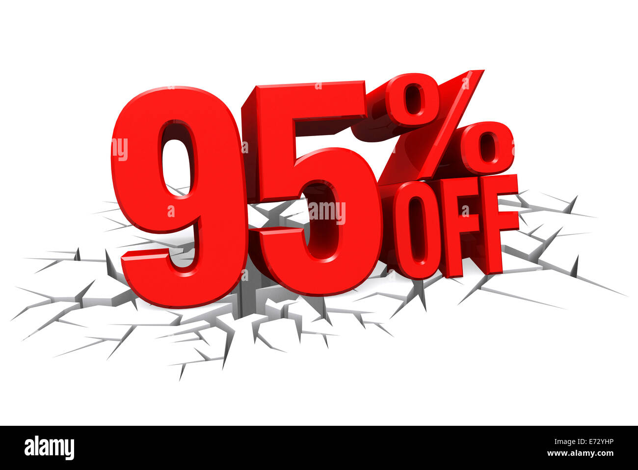 3D render red text 95 percent off on white crack hole background with ...