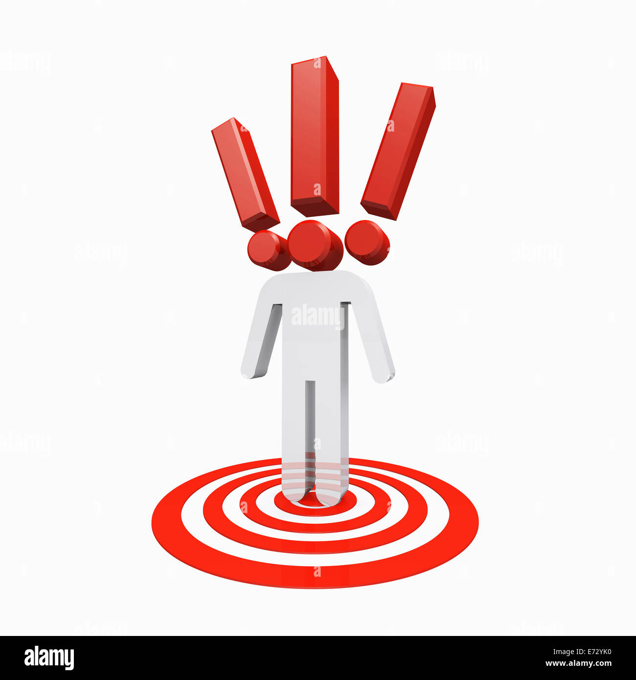 Conceptual exclamation mark human standing on target spot on white ...