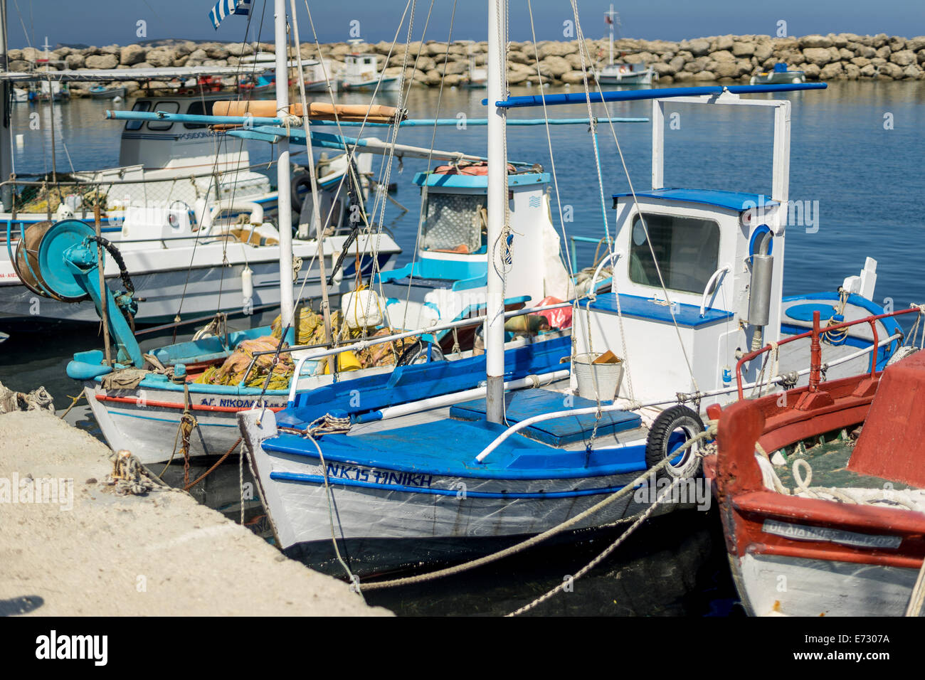 Old colorful wooden greek fishing boat boats Agios Stefanos Corfu Stock ...