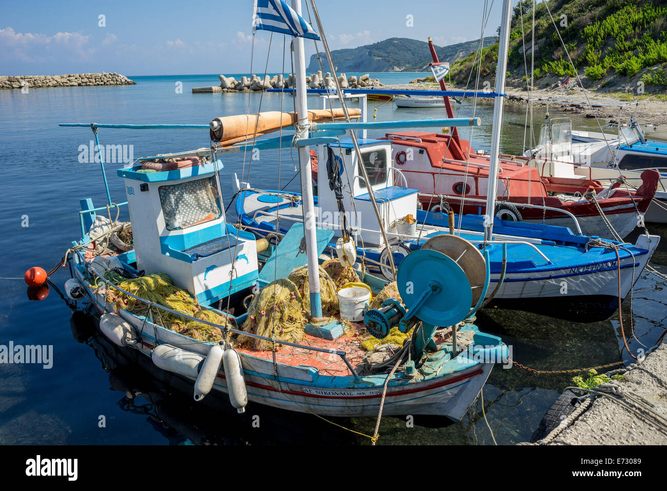 Old colorful wooden greek fishing boat boats Agios Stefanos Corfu Stock ...