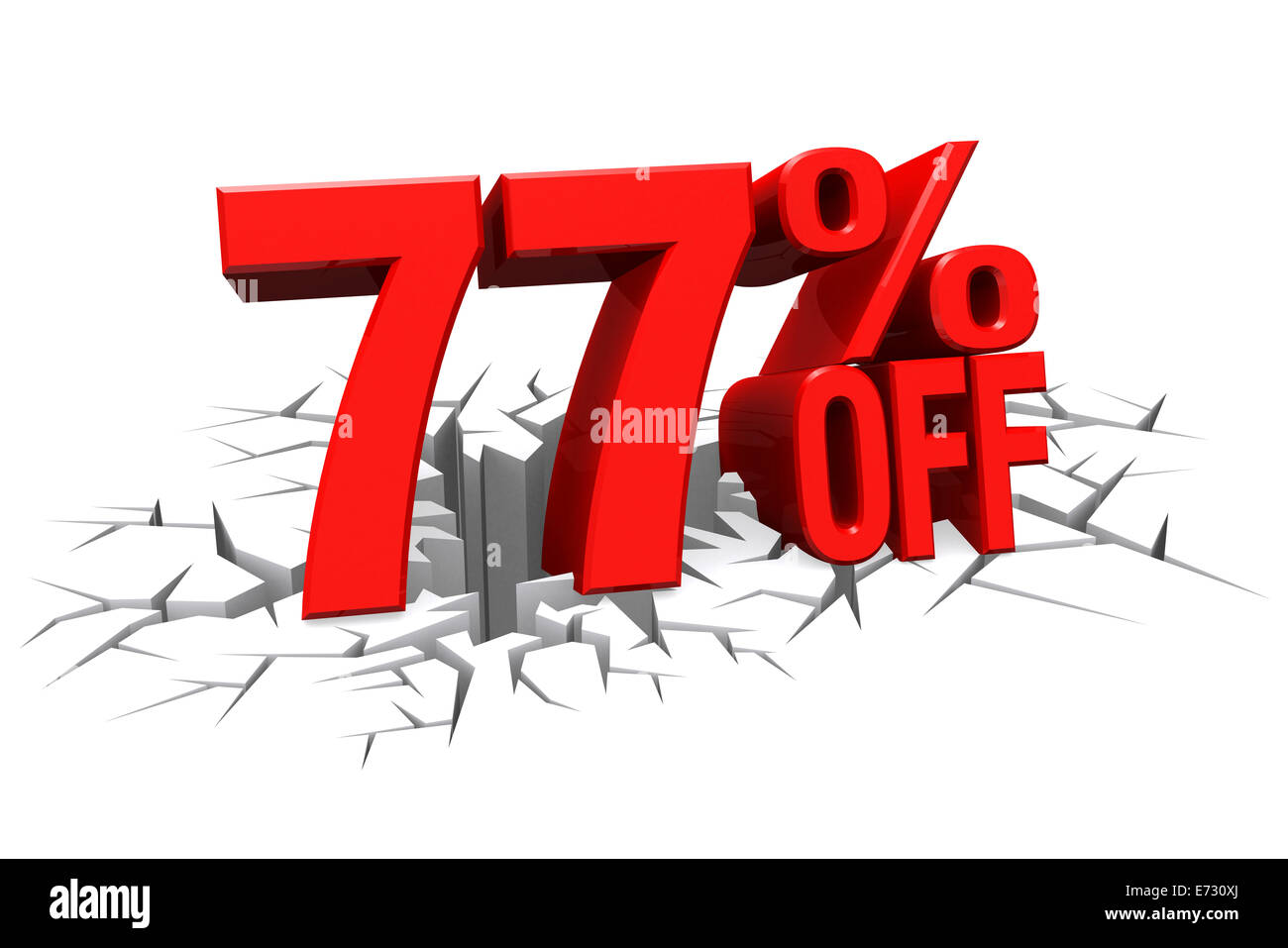 3D render red text 77 percent off on white crack hole background with ...