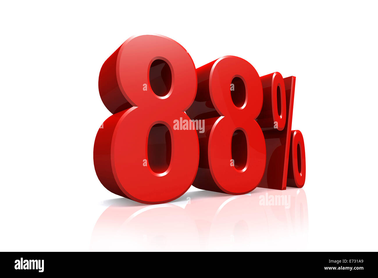 3D render text in 88 percent in red on white background with reflection ...