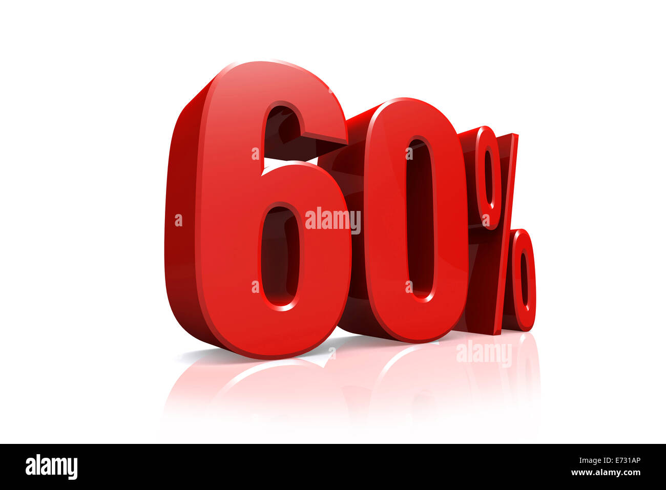 3D render text in 60 percent in red on white background with reflection ...