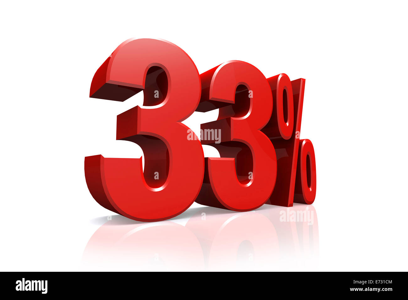 3D render text in 33 percent in red on white background with reflection ...