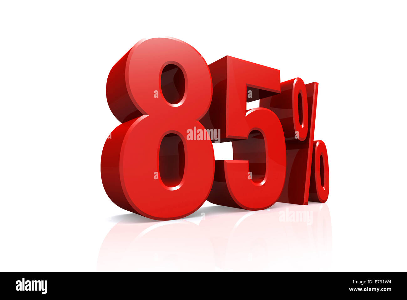 3D render text in 85 percent in red on white background with reflection ...