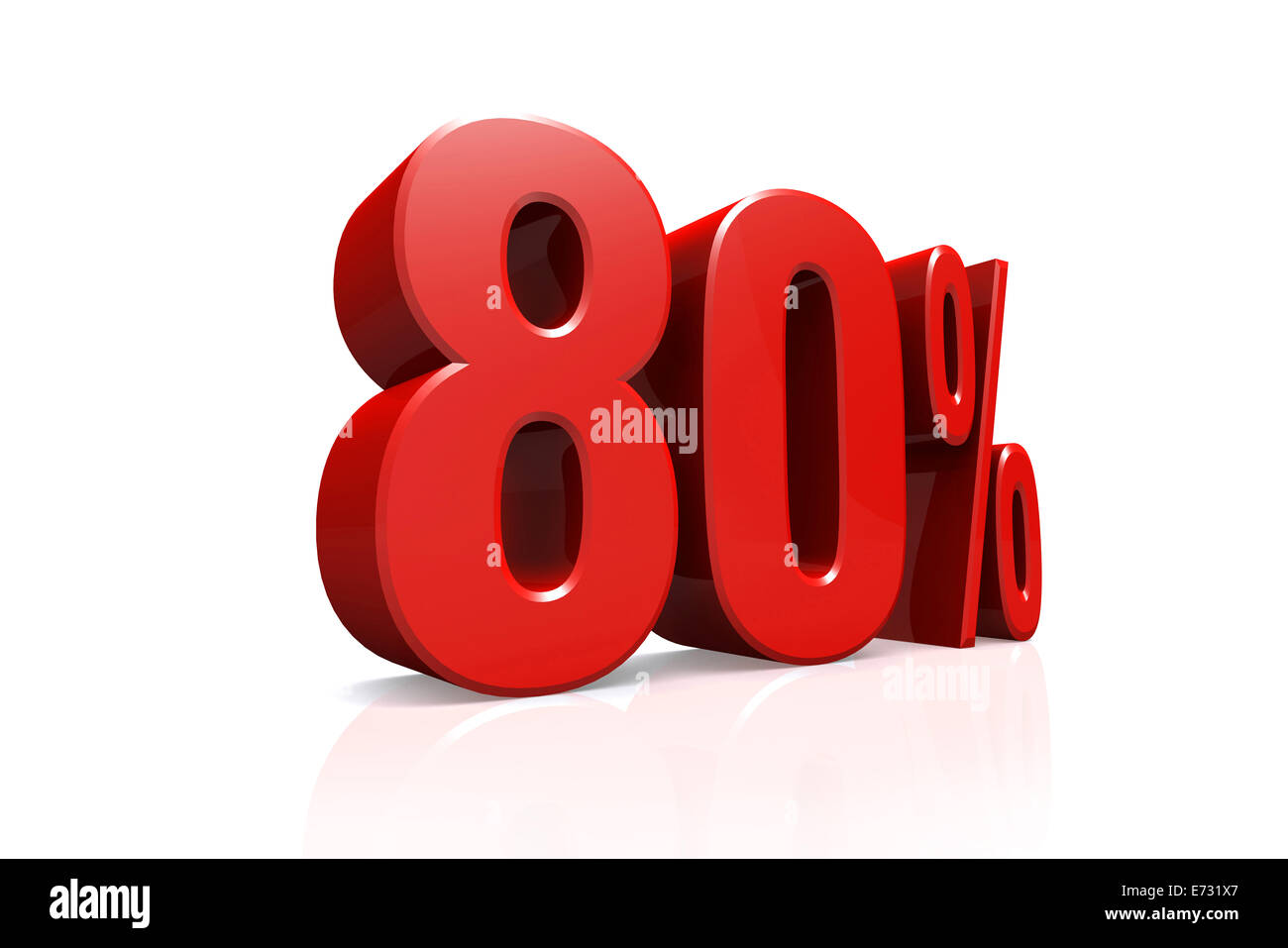 3D render text in 80 percent in red on white background with reflection ...