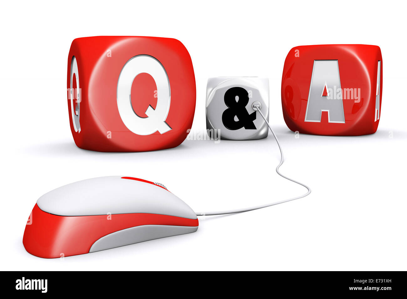 Mouse plug in white and red questions and answers dices with reflection ...