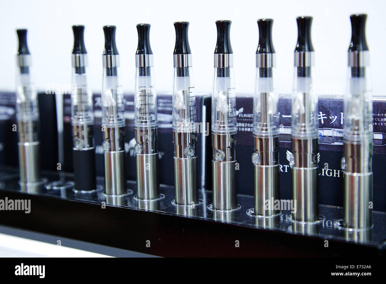 Electronic cigarettes at the Gift Show exhibition in Tokyo Big Sight on ...