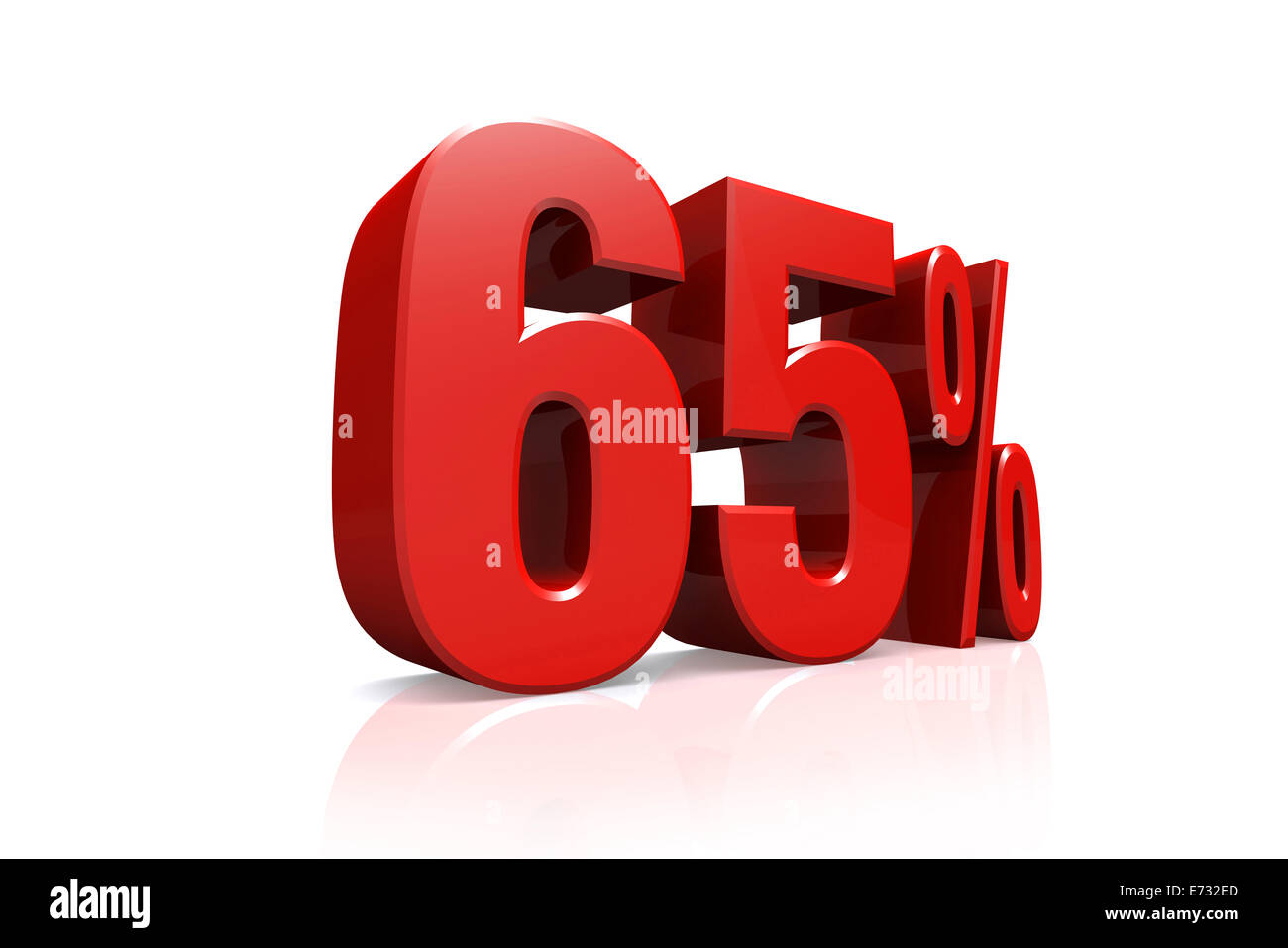 3D render text in 65 percent in red on white background with reflection ...