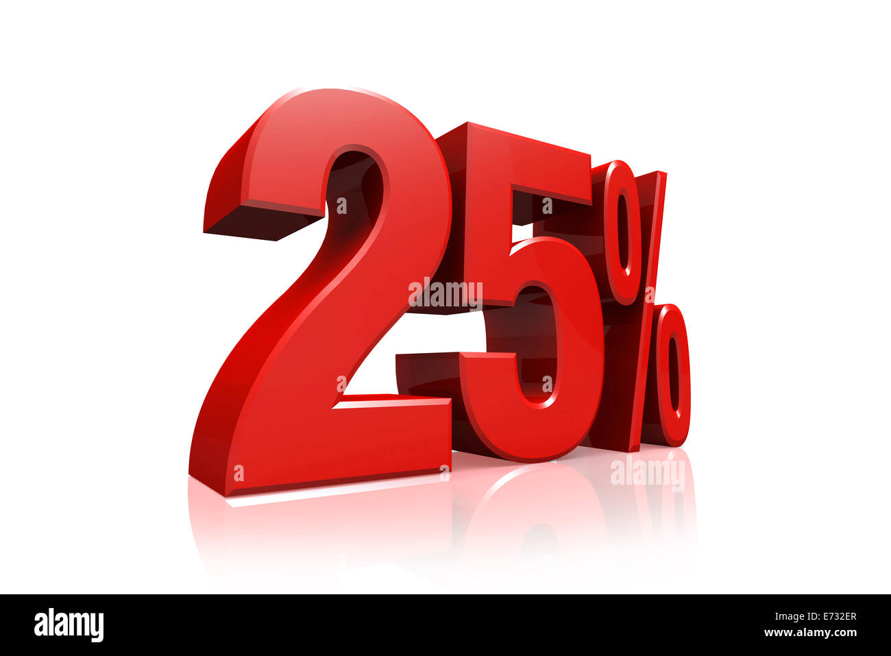 3D render text in 25 percent in red on white background with reflection ...