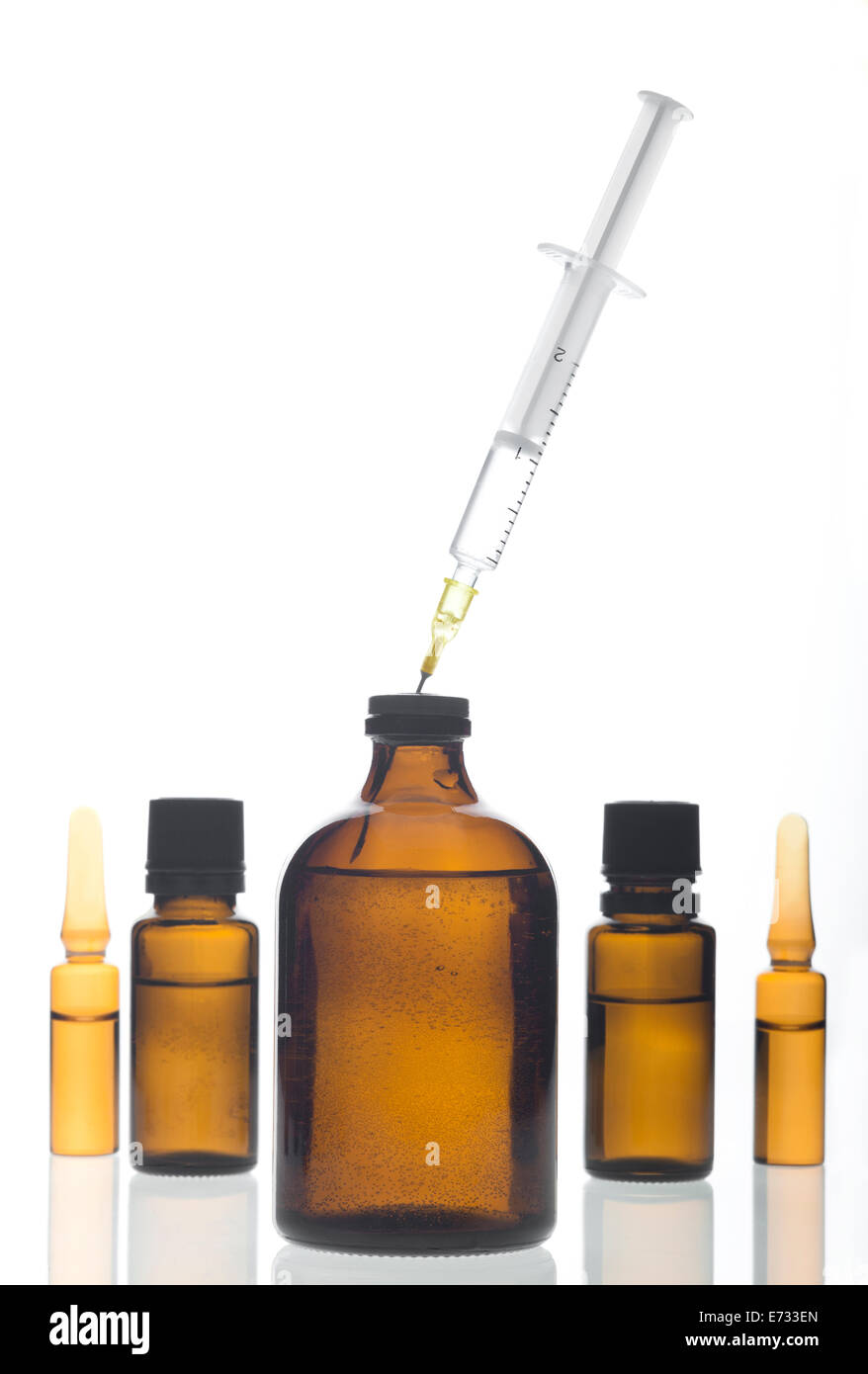 Glass Medicine Vials and botox, hualuronic, collagen or flu Syringe on ...