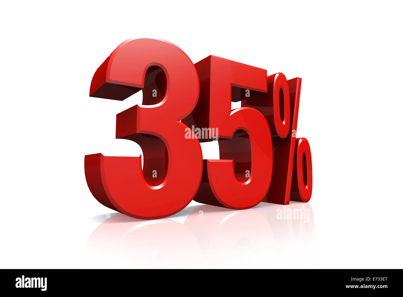 3D render text in 35 percent in red on white background with reflection ...