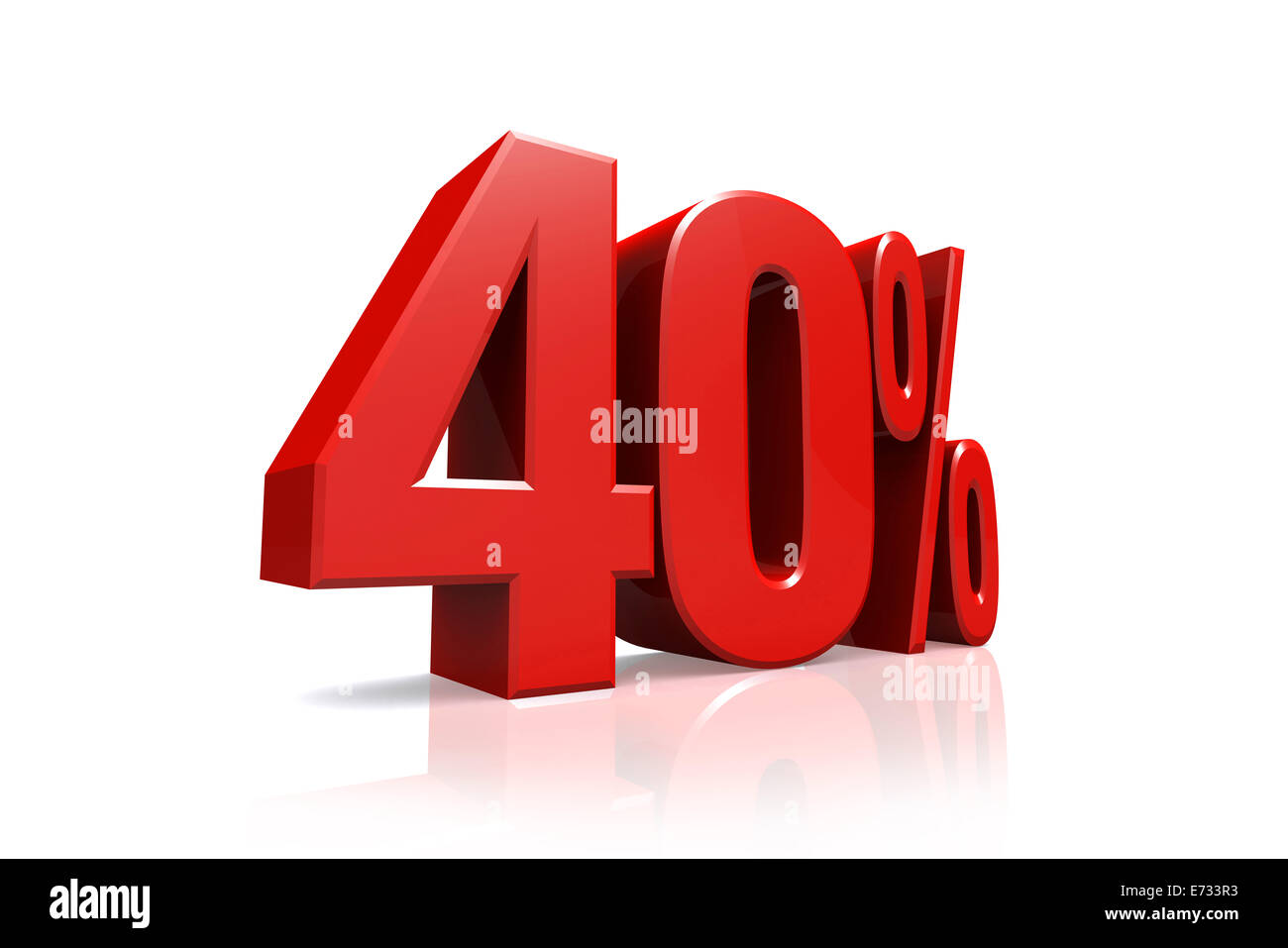 3D render text in 40 percent in red on white background with reflection ...