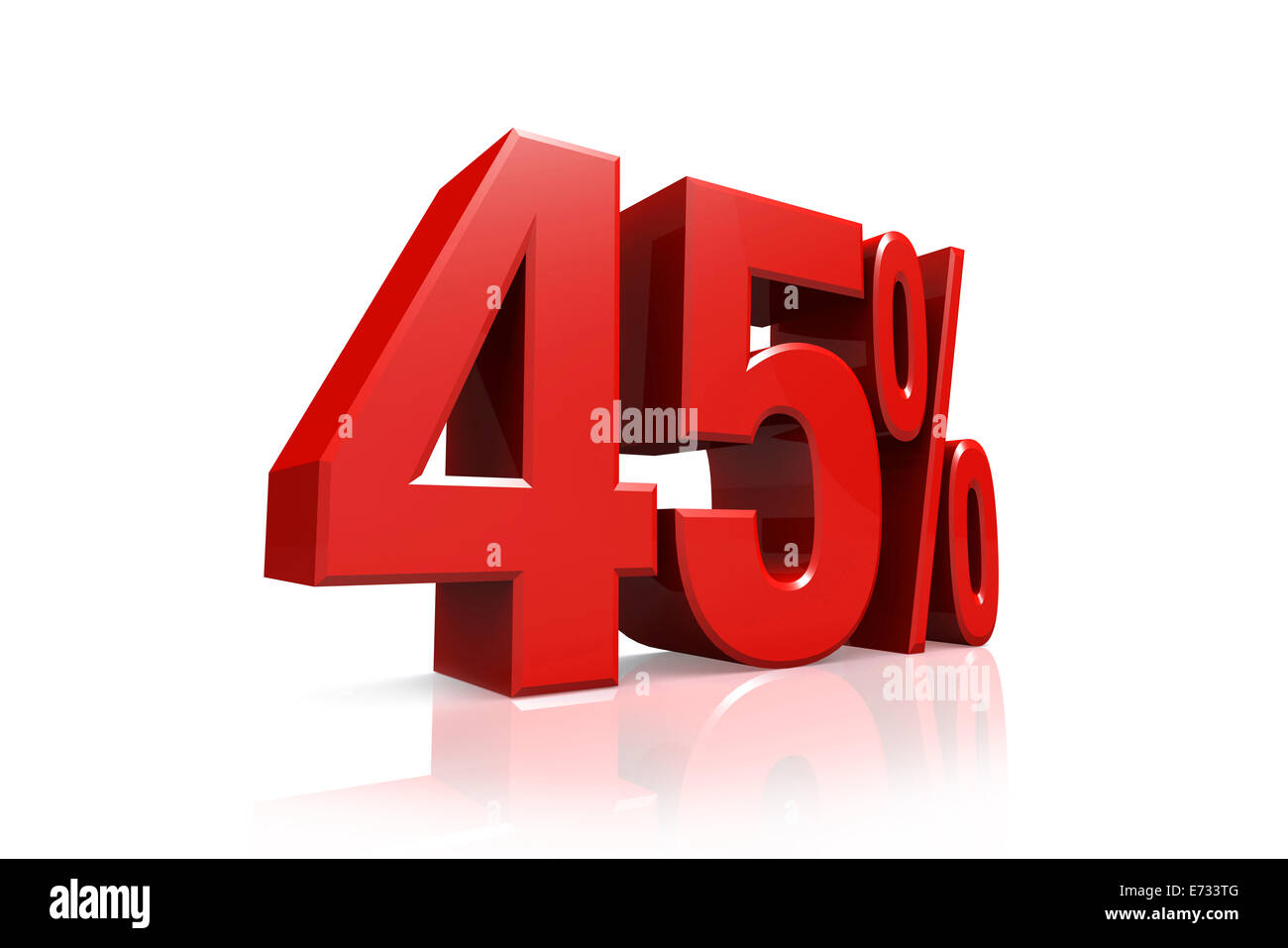 3D render text in 45 percent in red on white background with reflection ...