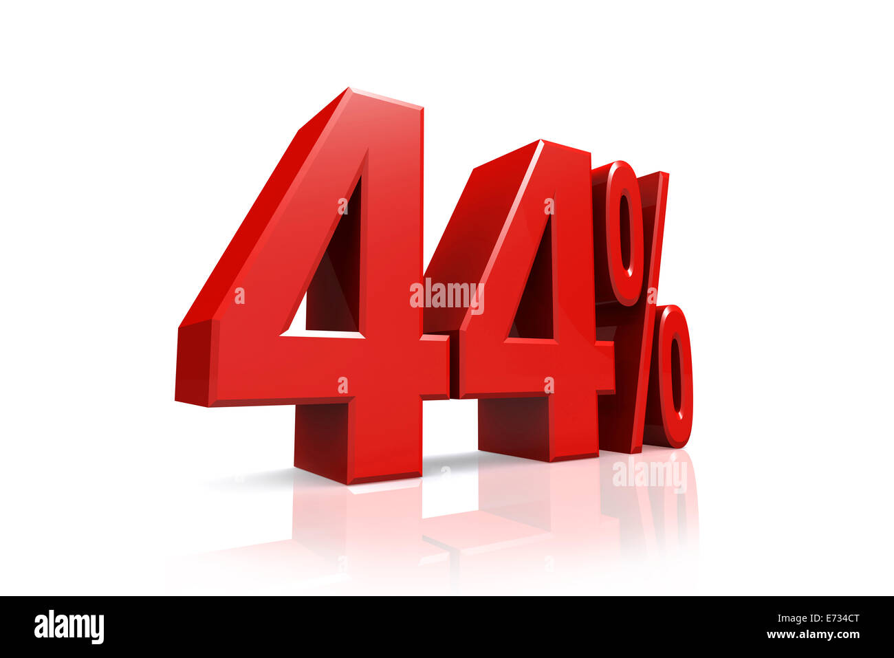 3D render text in 44 percent in red on white background with reflection ...